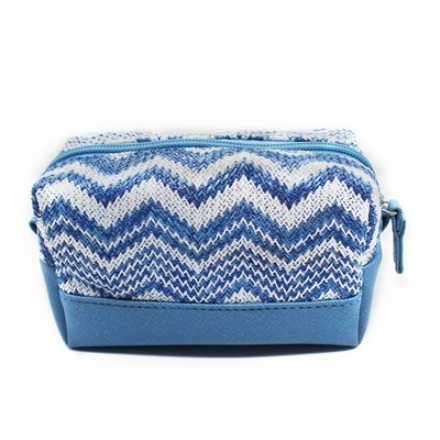 China Custom Blue Women Jute Leather Zipper Cosmetic Bags With Compartments supplier