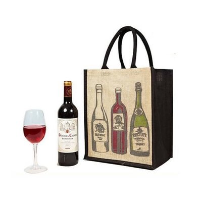 China Portable Custom Tote Bags for Bottle Wine , Black Jute Shopping Bags Printed supplier