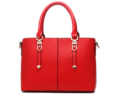 China Portable Red Leather Shoulder Handbags / Tote Handbags Safe Outside Pockets supplier