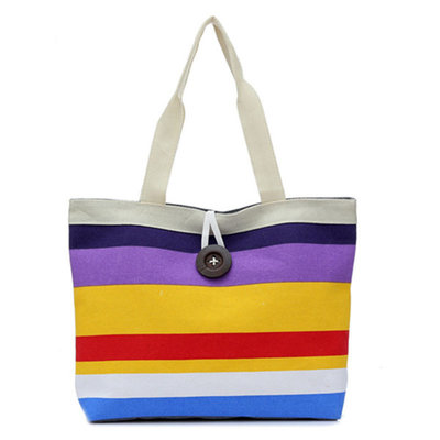 China Casual Custom Canvas Bags , Striped Shopper Tote Bags With Button Closure supplier