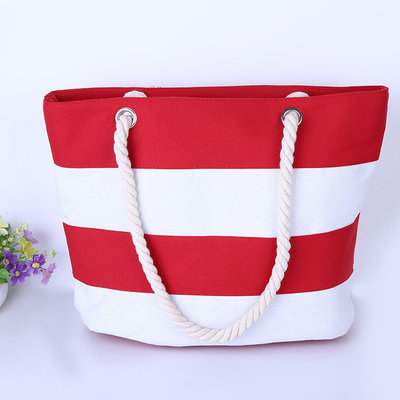 China Printed Stripe Cotton Canvas Bags With Two Soft Cotton Rope Handles supplier